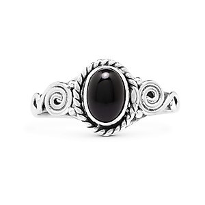Oval Black Onyx Spiral Sides Small Ring 925 Sterling Silver Vintage Tribal Gipsy Boho (8)