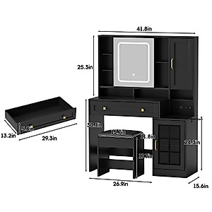 Vabches Vanity Desk with Sliding Mirror and Lights, 41.8'' Black Makeup Vanity Table with Jewelry Storage & Charging Station, Stool, Large Drawer, Visual Cabinet, 3 Lighting Modes, Adjustable Shelves