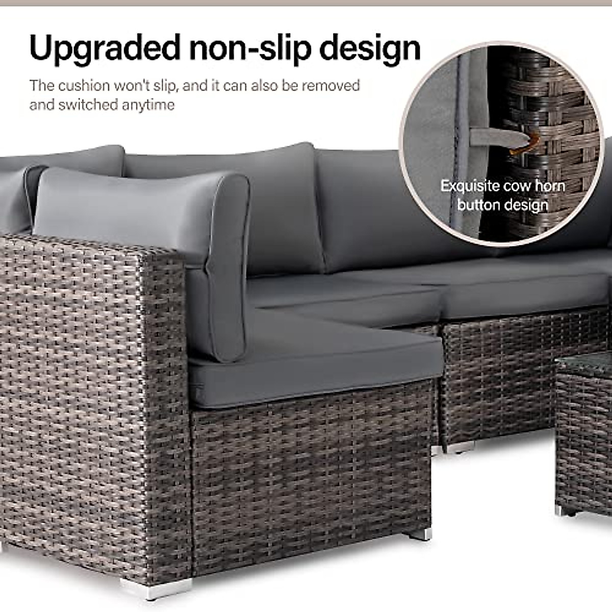 LAUSAINT HOME Outdoor Patio Furniture, 7 Pieces Outdoor Sectional PE Rattan Wicker Patio Furniture Sets, All Weather Garden Conversation Seat with Cushion and Glass Coffee Side Table (Grey)