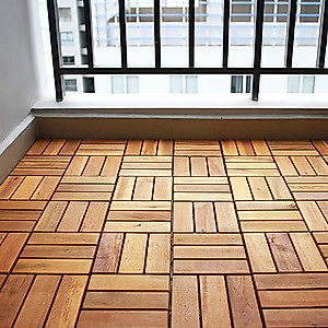 Cloverholm 10 Pcs Acacia Wood Deck Tiles - Waterproof, 12' x 12', Patio Tiles for Indoor & Outdoor, Garden, Roof Terrace - Checker Pattern (Natural-12S-9P)
