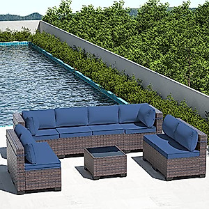 RTDTD Outdoor Patio Furniture Set, 9 Pieces Outdoor Furniture All Weather Patio Sectional Sofa PE Wicker Modular Conversation Sets with Coffee Table,8 Chairs & Seat Clips(Dark Blue)