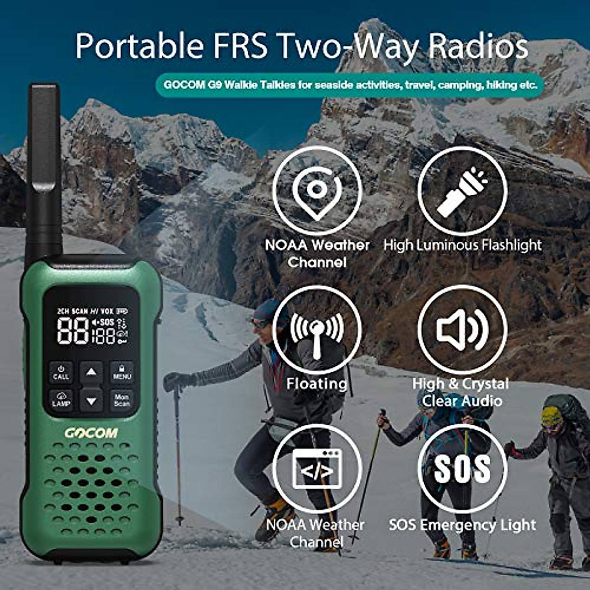 GOCOM G9 Waterproof Walkie Talkie for Adult Long Range, Floating Portable Two Way Radio, NOAA Weather Alert,SOS,Flashlight, Rechargeable 2 Way Raido for Adults (4 Pack)
