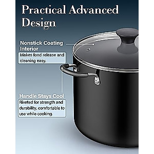 Cook N Home Nonstick Stockpot with Lid 10.5-Qt, Deep Cooking Pot Cookware Canning Stock Pot with Glass Lid, Black