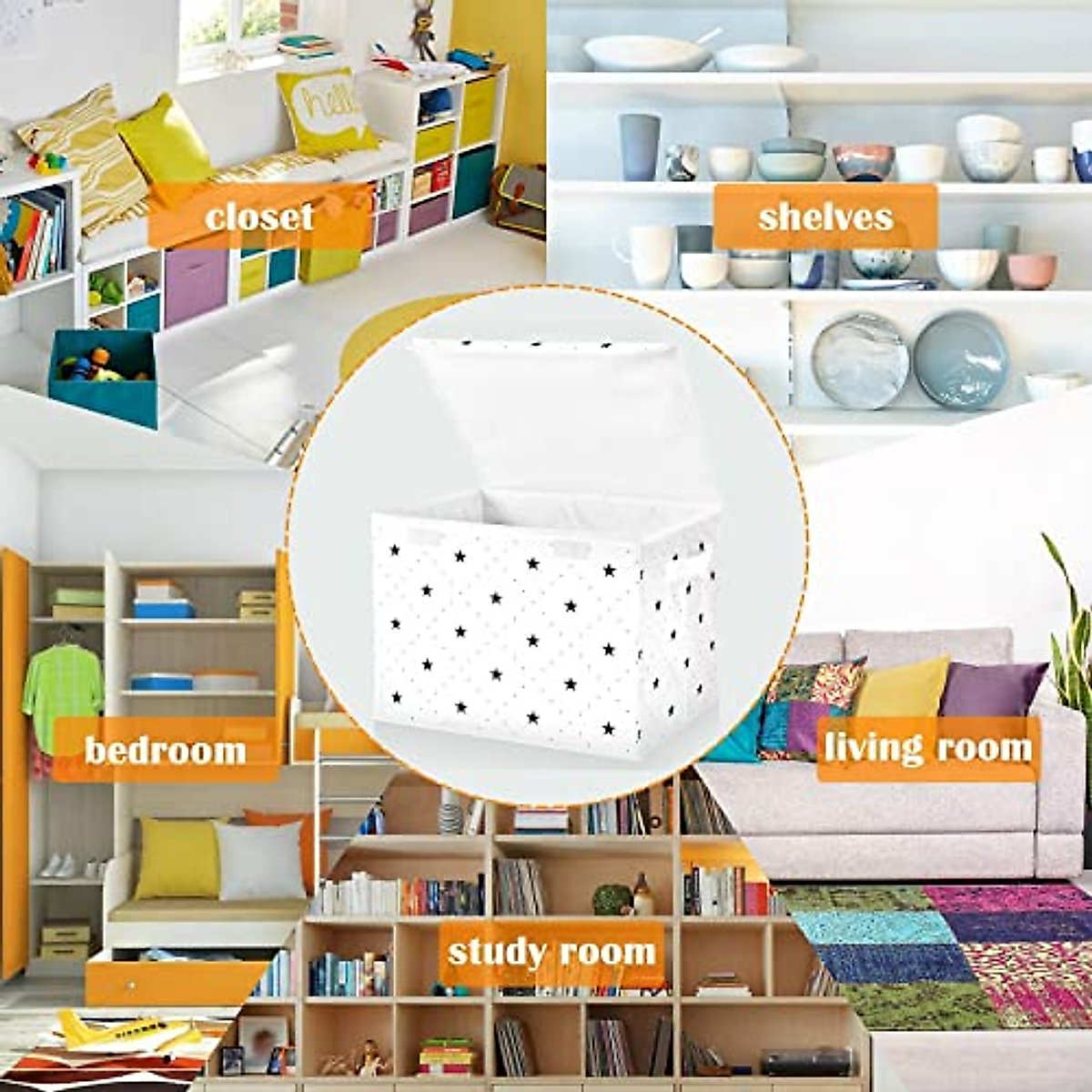 CaTaKu Stars Dots Cute Storage Bins with Lids Fabric Large Storage Container Cube Basket with Handle Decorative Storage Boxes for Organizing Clothes Shelves