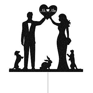 Mr & Mrs Wedding Cake Topper, Bride and Groom with Pet Dog Cat Rabbit Silhouette Party Cake Decorations, Engagement Bridal Shower Bachelorette Cake Decors Black Glitter