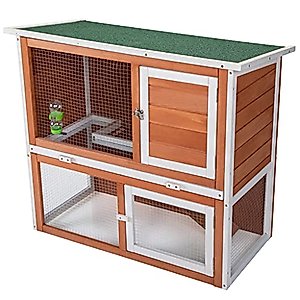 2-Story Wooden Rabbit Hutch Indoor Outdoor Guinea Pig Cage with Ventilation Door, Removable Tray, Ramp, Waterproof Roof, Water Bottles, Solid Wood Hamster/Bunny Hutch for Small Animals (Orange)