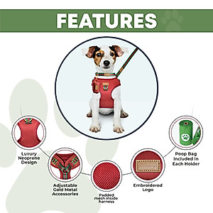 Rich Pooch Boutique Luxury Dog Bentley Harness Set in Red - Red Neoprene Padded Harness, Collar, Leash and Poop Holder Set Fits Small, Medium and Large Sized Dogs Free Poop Bag Included (M)