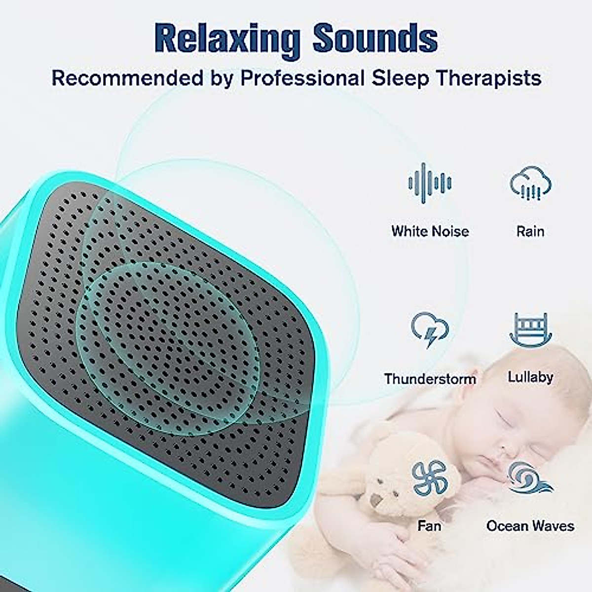 Buffbee Sound Machine with Night Light, 20 Soothing Sleep Sounds, Customizable Glow Lights with 10 Colors, Battery or AC Adapter Powered, Non-Looping White Noise for Kids, Adults and Baby