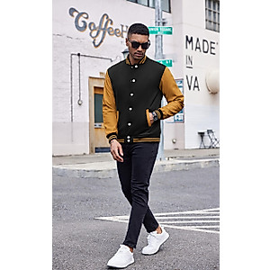 COOFANDY Mens Varsity Bomber Jackets Leather Varsity Letterman Jacket Letter A Winter Black-Yellow Medium