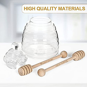 HAPPi STUDIO 13.5 Oz Honey Pot with Dipper - Extra Honey Dipper Stick - Glass Honey Jar and Dipper Set - Honey Jars with Dipper - Honey Containers with Dipper - Honey Dispenser - Honey Holder