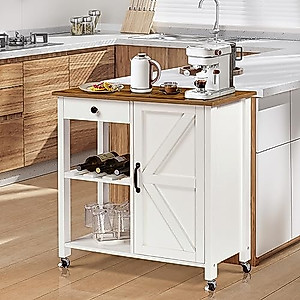 4 EVER WINNER Kitchen Island Cart on Wheel with Storage, 31" Farmhouse Island Table with Storage Drawer & Cabinet, Adjustable Shelf, Wine Rack,Rolling Small White Kitchen Coffee Cart for Dining Room