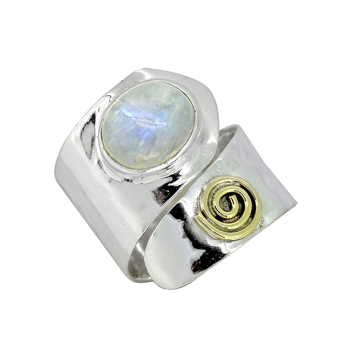 YoTreasure Natural Moonstone Solid 925 Sterling Silver Brass Hammered Finish Ring
