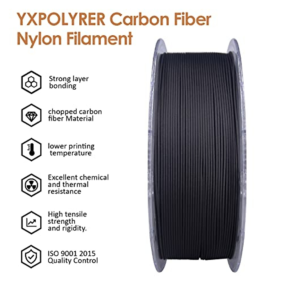 YXPOLYER PA6-CF Chopped Carbon Fiber Nylon Filament, 1.75mm Carbon Fiber Filament, 3D Filament Nylon Carbon Fiber, Lightweight high Strength Nylon Filament,1kg Spool,Black
