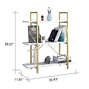 IOTXY 3-Tier Open Shelf Bookcase - Modern Freestanding Wooden Display Stand Unit with Metal Frame for Home and Office, Bookshelf, Gold White