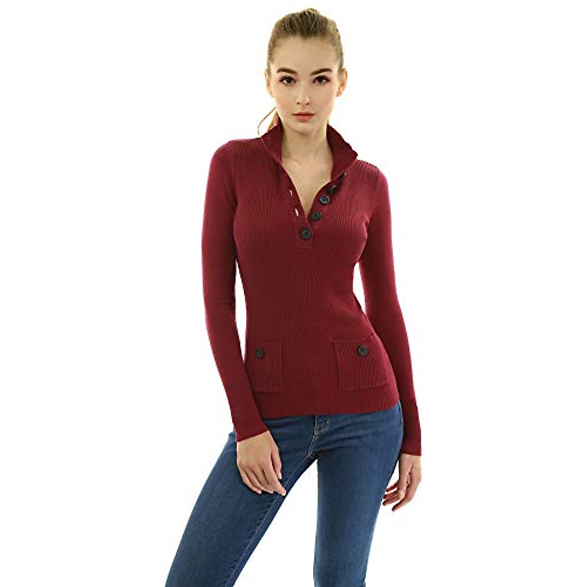 AmélieBoutik Women Button Up V Neck Ribbed Pullover Sweater with Pocket (Burgundy Small)