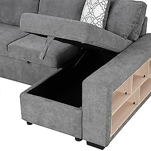 Acosure 109" U-shaped Sectional Pull-out Sofa Bed with Storage Chaise,2-in-1 Convertible Couch W/ 4 Back Pillows & 2 USB Ports,Luxurious Sleeper Furniture Set for Living Room Large Space,Grey Chenille