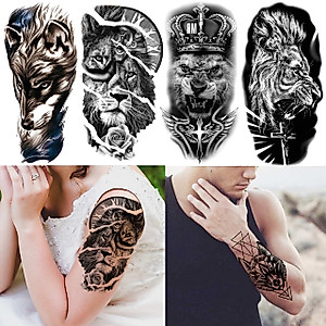 FANRUI 24 Sheets Cool Super Large Full Arm Temporary Tattoo Sleeve For Men with 8 Sheets For Women Thigh, 16 Sheets Flower Eagle Compass Adults Tribal Tiger Tatoo