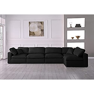 Meridian Furniture Plush Collection Contemporary Down Filled Cloud-Like Comfort Overstuffed Velvet Upholstered Modular L-Shaped Sectional, 5-Seater, Semi-Armless, Black