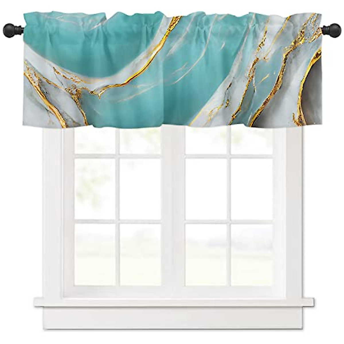 Marble Auqa Valance Curtains for Living Room/Bedroom/Bathroom/Kitchen Window,Rod Pocket Window Valance Tiers Small Window Curtain Drape Window Panel Treatment,Modern Abstract Gold White Art 1 Panel