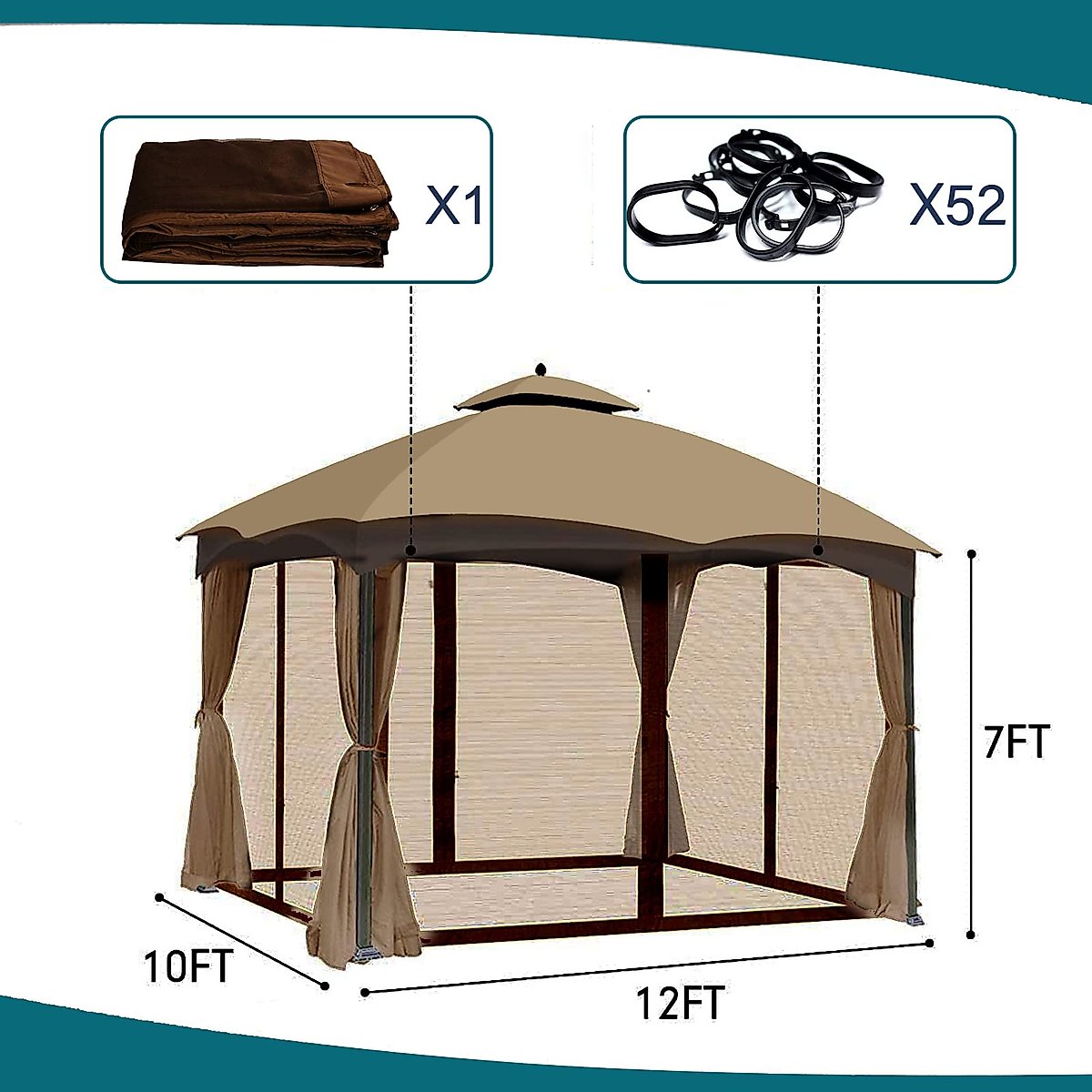 Gazebo Universal Replacement Mosquito Netting - Wonwon Outdoor Gazebo Canopy 4-Panel Screen Walls with Zipper for 10' x 12' Gazebo (Mosquito Net Only) (Brown)