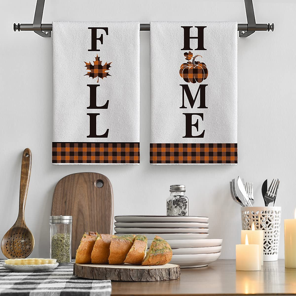 Artoid Mode Buffalo Plaid Edge Fall Leaves Pumpkin Home Kitchen Towels, 18 x 26 Inch Coffee Tea Bar Hand Towels Bathroom Gift Ultra Absorbent Set of 2