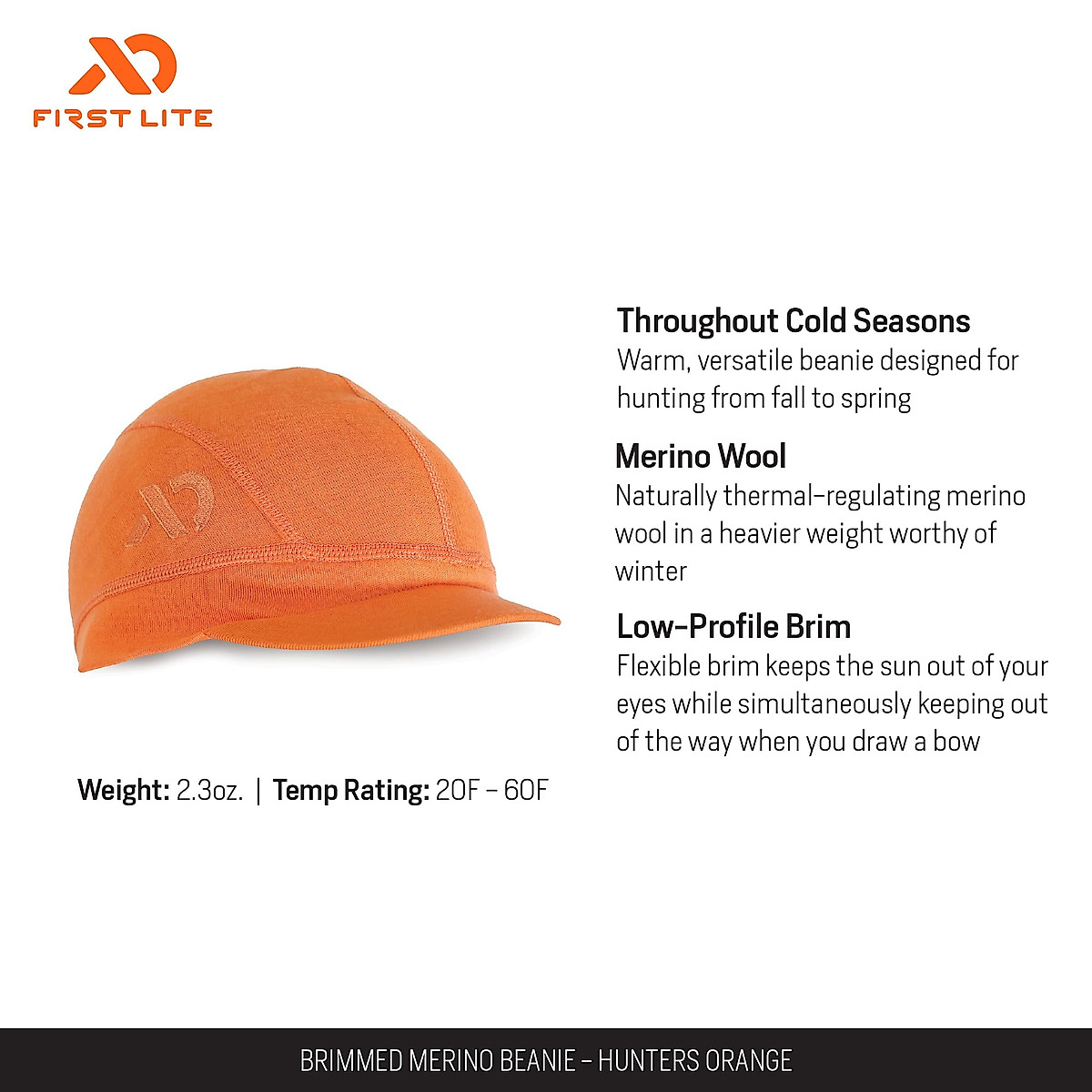 First Lite Brimmed Merino Beanie - Warm Hunting Hat - Hunters Orange - Large