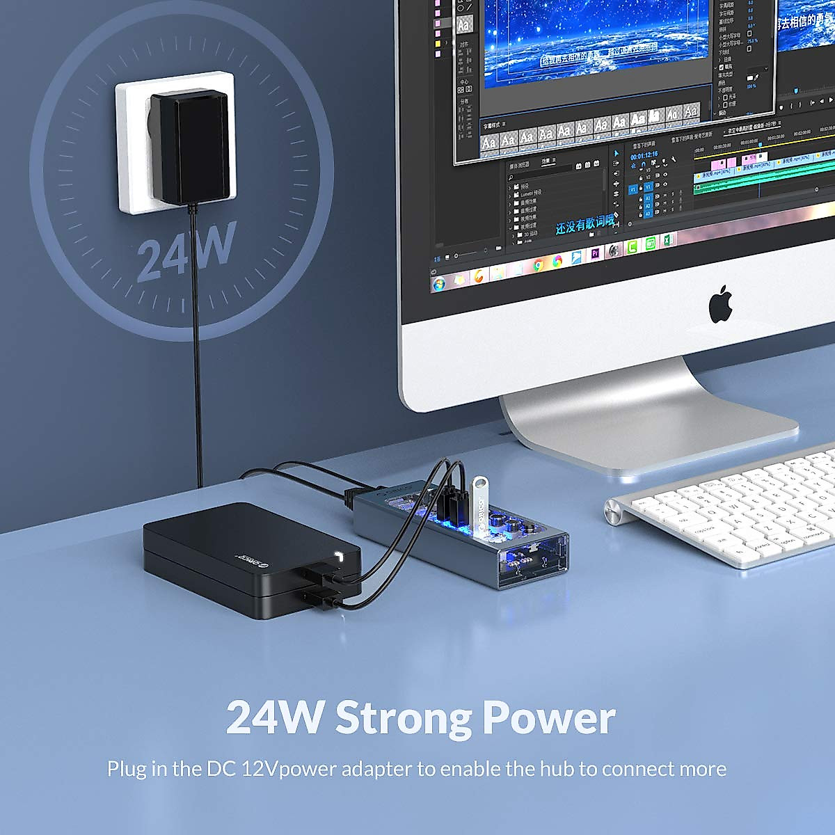 ORICO USB Hub 3.0 Powered 7 Ports USB Data Hub with 12V2A Power Adapter, Individual Power Switches, and LEDs, USB Extension for iMac Pro, MacBook Air/Mini, PS4, Surface Pro, Notebook PC, Laptop, HDD