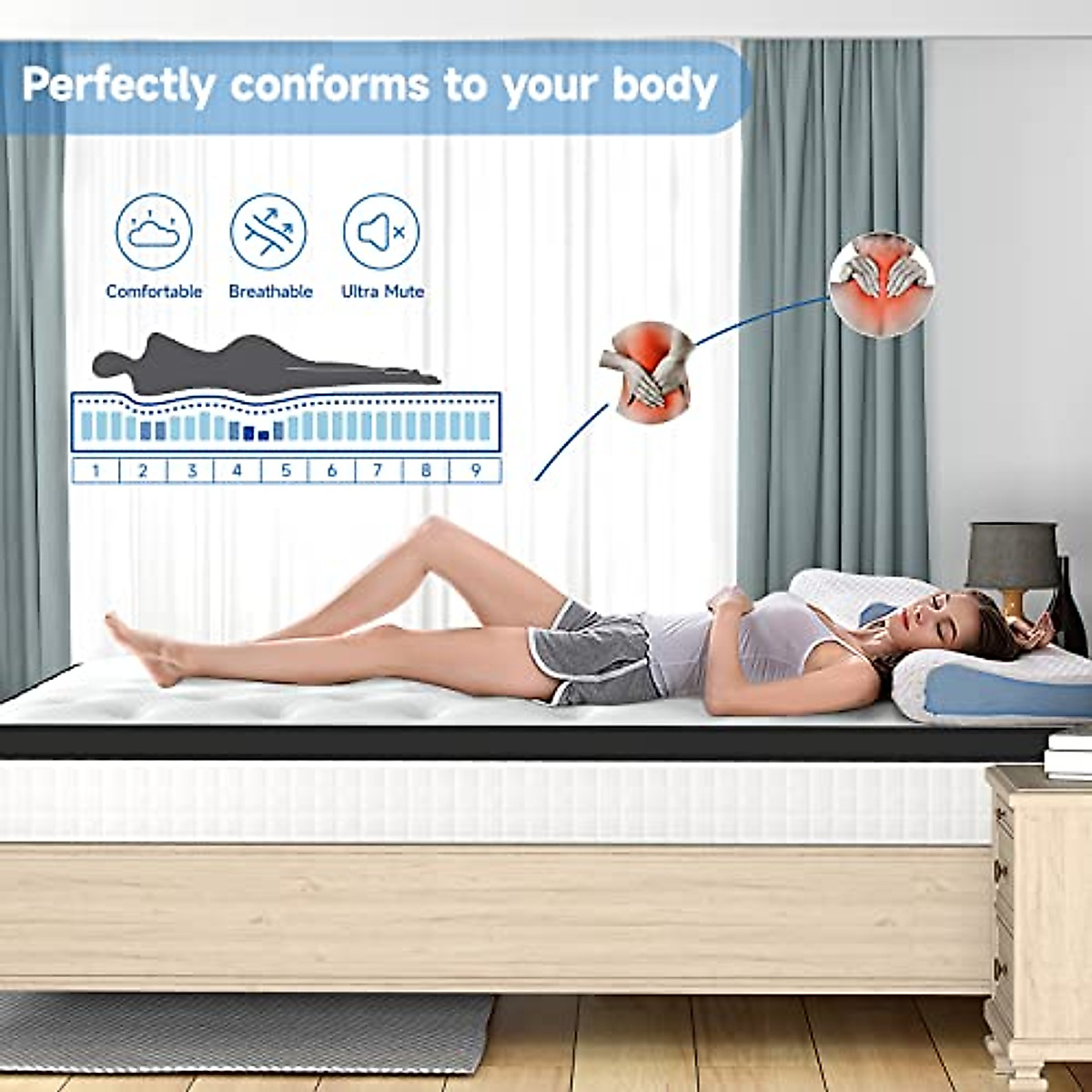 wowttrelax Queen Mattress 12 Inch, Hybrid Memory Foam Mattress, Pocket Innerspring Mattress in a Box, 9-Zone Orthopedic Double Mattress Queen Size for Back Pain, Pressure Relief, Medium Firm