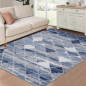 ROYHOME Area Rug 8' x 10' Machine Washable Abstract Moroccan Rug Contemporary Geometric Ogee Trellis Rug Indoor Floor Cover Foldable Carpet Rug Accent Rug for Living Room Bedroom Dining Room, Navy