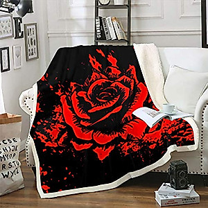 Girls Rose Fleece Throw Blanket Rose Blooming Floral Print Sherpa Blanket Women Romantic Flowers Pattern Plush Blanket Luxury Red Black Decor Fuzzy Blanket for Sofa Bed Couch,Twin 60x80 Inch