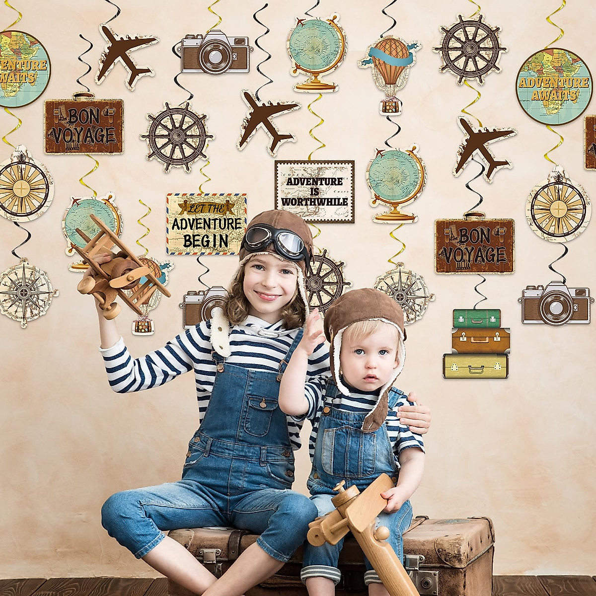 Qyeahkj 84Pcs Travel Themed Party Decorations Bon Voyage Hanging Swirl Adventure Awaits Birthday Party Streamer Around The World Party Wall Ceiling Supplies for Cruise Retirement Farewell Graduation