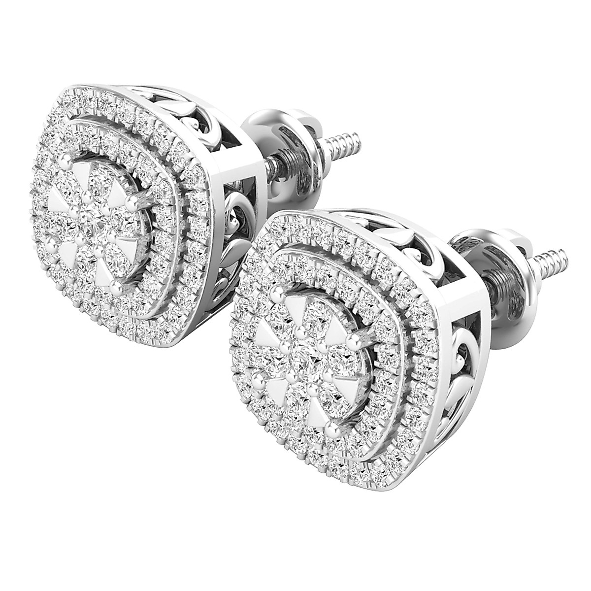 Dazzlingrock Collection 0.50 Carat (ctw) Round Diamond Ladies Double Cushion Frame Stud Earrings 1/2 CT, Sterling Silver