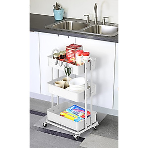 SimpleHouseware Heavy Duty 3-Tier Metal Utility Rolling Cart, White