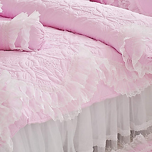 BERTERI Princess Bedding Set Cotton Duvet Cover with Lace Edge Thick Quilted Bed Skirt Twin Queen King Size Romantic Bedline Set for Girls Gift