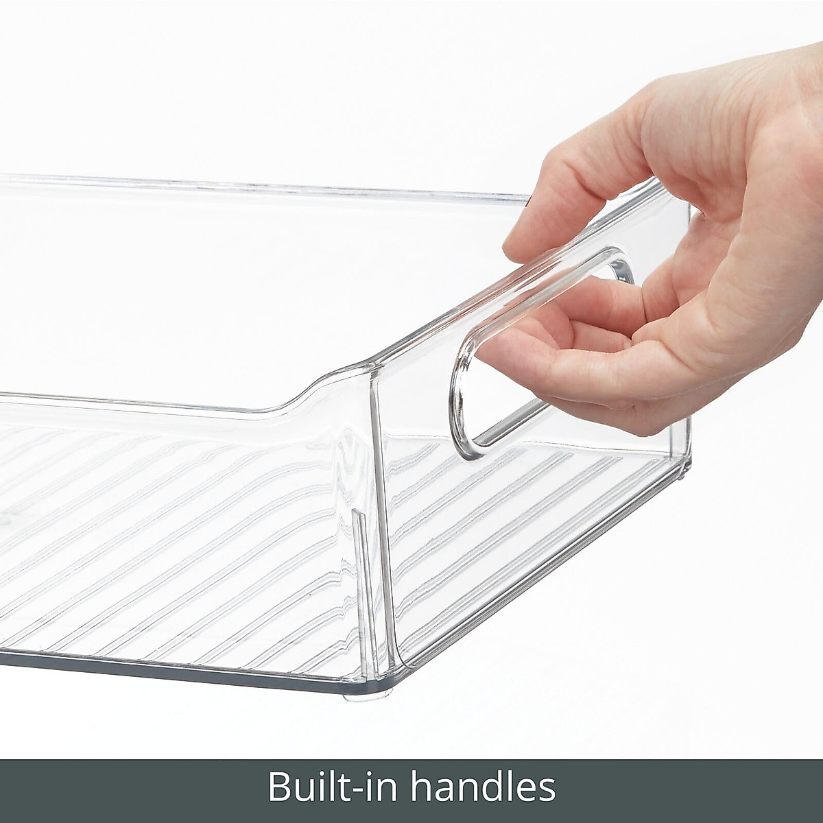 mDesign Slim Plastic Kitchen Storage Container Bins with Handles -Organization in Pantry, Cabinet, Refrigerator or Freezer Shelves - Food Organizer for Fruit, Yogurt, Squeeze Pouches - 4 Pack - Clear