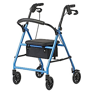 Medline Mobility Lightweight Folding Steel Rollator Walker with 6-inch Wheels, Adjustable Seat and Arms, Light Blue