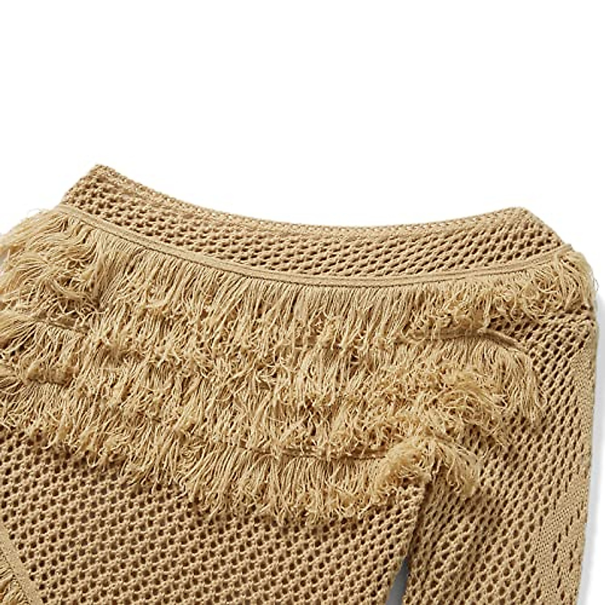 Fladdswed Women Summer Slim Fit Dress Fringe Embellished One Shoulder Long Sleeve Design Tassel Cutout See Through Dress (Camel-One Shoulder, M)