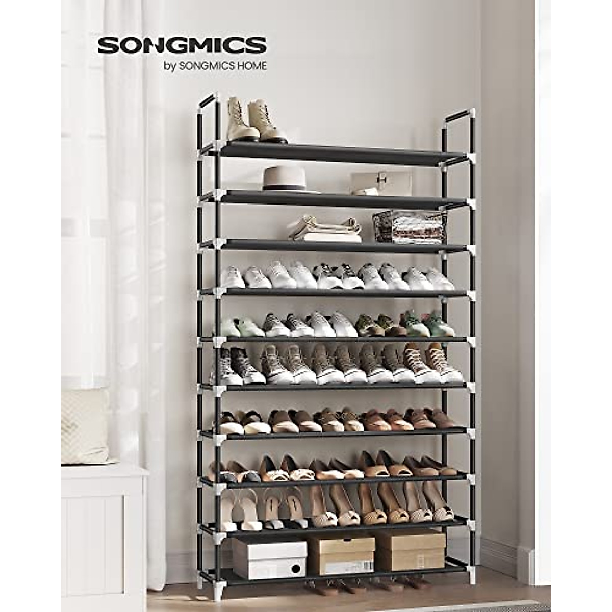 SONGMICS 10-Tier Shoe Rack, Storage Storage Organizer, Holds up to 50 Pairs, Metal Frame, Non-Woven Fabric, for Living Room, Hallway, 39.4 x 11 x 68.9 Inches, Black ULSH11H