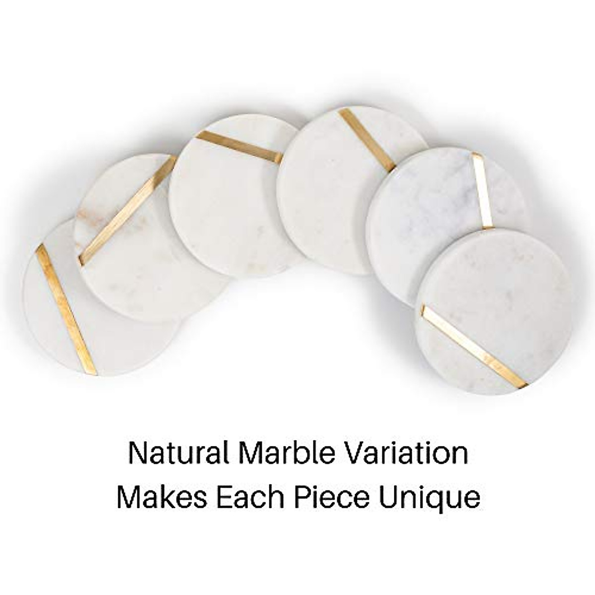 Cork & Mill Marble Coasters for Drinks - Set of 6 Handcrafted Modern Coasters - 4" Wide Drink Coasters - White Marble Coasters with Gold Brass Inlay - Made from Real Solid Marble