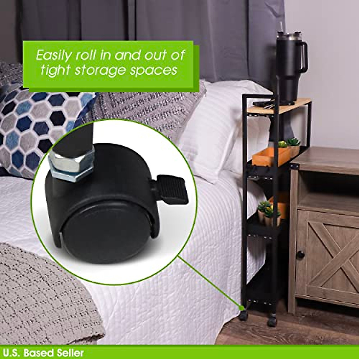 7Penn Bathroom Organizer Slim Storage Cart with Wheels - Mobile 4 Tier Narrow Shelf Tower Snack Cart for Small Spaces - Rolling Kitchen Spice Organizer - Narrow Shelf Laundry Room Storage