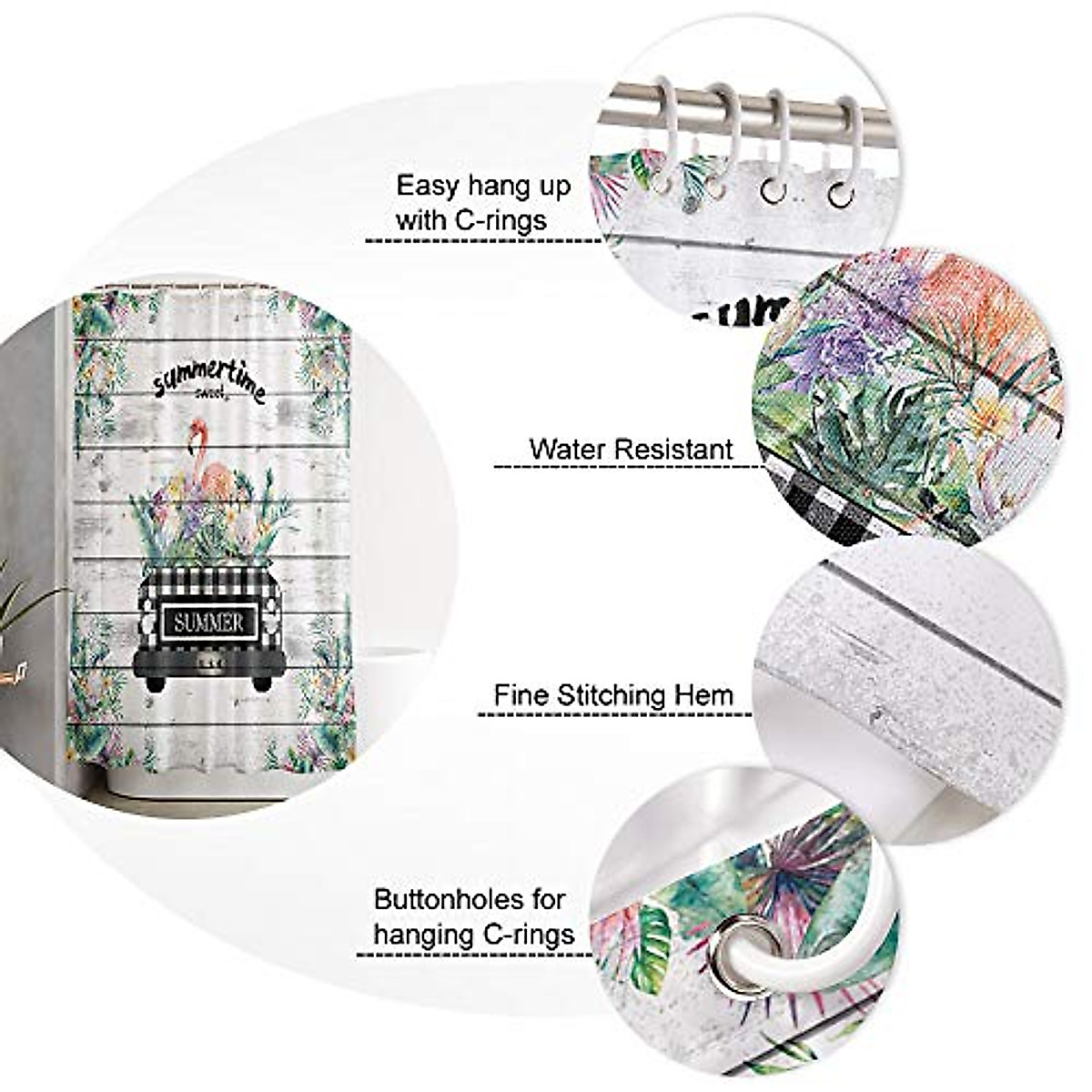 Shower Curtain, Summer Turtle Leaf Tropical Truck Flamingo Board Washable Shower Curtain with Hooks Bath Decor Fabric Shower Curtains for Bathroom, Hotel, Stalls, Bathtubs, 66x72 in