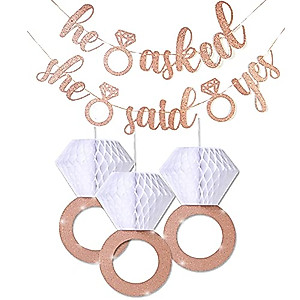 C L cooper life Engagement Party Decorations, Bridal Shower Supplies, He Asked She Said Yes Garland Rose Gold Glitter Diamond Rings (3pcs), Engaged Banner Rose Gold Glitter Letters for Engagement