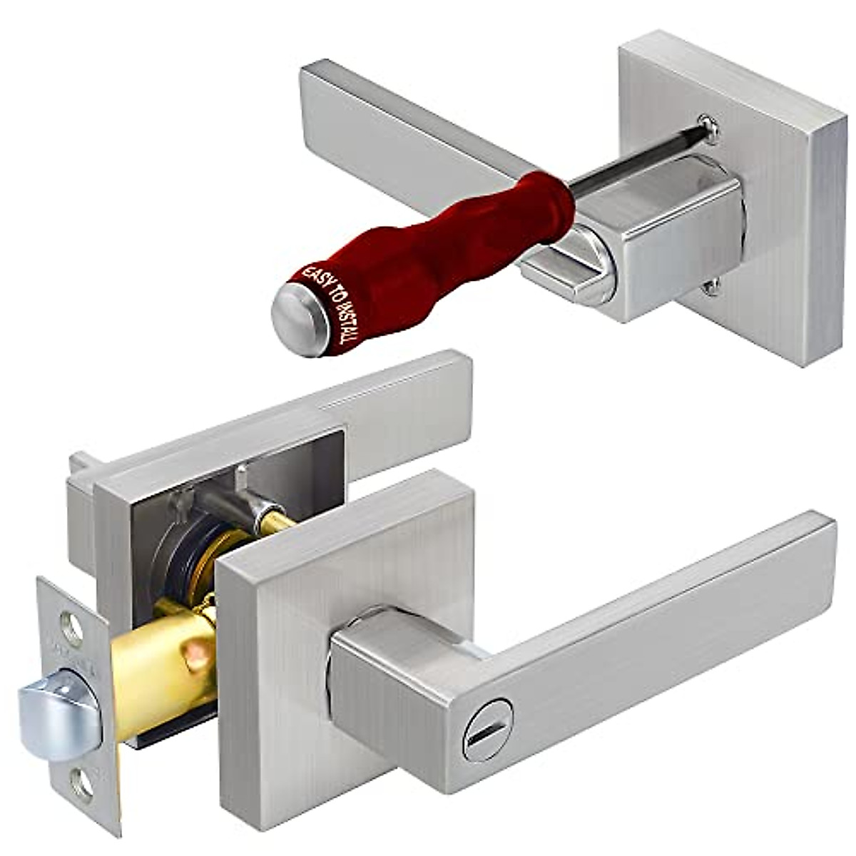 HADE LION Privacy Brushed Nickel Door Handles Lock Without Keys, Square Door Lever, Bathroom/Bedroom Heavy Duty Door Knobs Interior 1 Pack