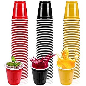 Pinkunn 600 Pcs 2 oz Plastic Shot Glasses Red Black Gold Shot Cups Disposable Plastic Cups Mini Party Cups Tasting Sample Cups for BBQ Picnic Camping Wedding Birthday Christmas Drinking Serving Snack