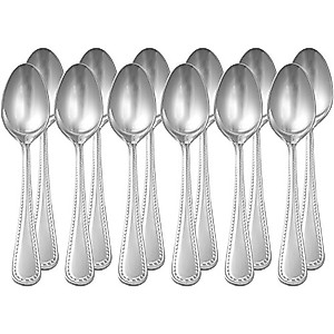 Amazon Basics Stainless Steel Dinner Spoons with Pearled Edge, Set of 12, Silver