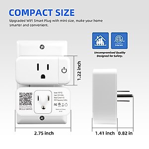 JUNLIT Mini Smart Plug, Smart Plugs That Work with Alexa and Google Home, 15A Smart Outlets with Timer & Group Controller, Timer, Schedule, Easy Setup, No Hub Required, ETL&FCC Certified, 2 Pack
