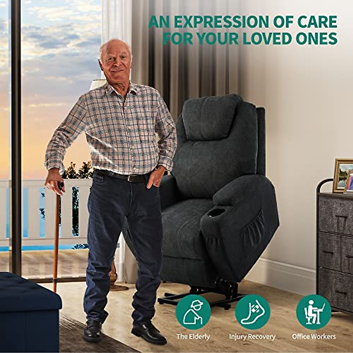 YITAHOME Power Lift Recliner Chair for Elderly, Electric Lift Chair with Heat and Massage, Fabirc Recliner Sofa with 2 Cup Holders, Side Pockets & Remote Control for Living Room,Grey