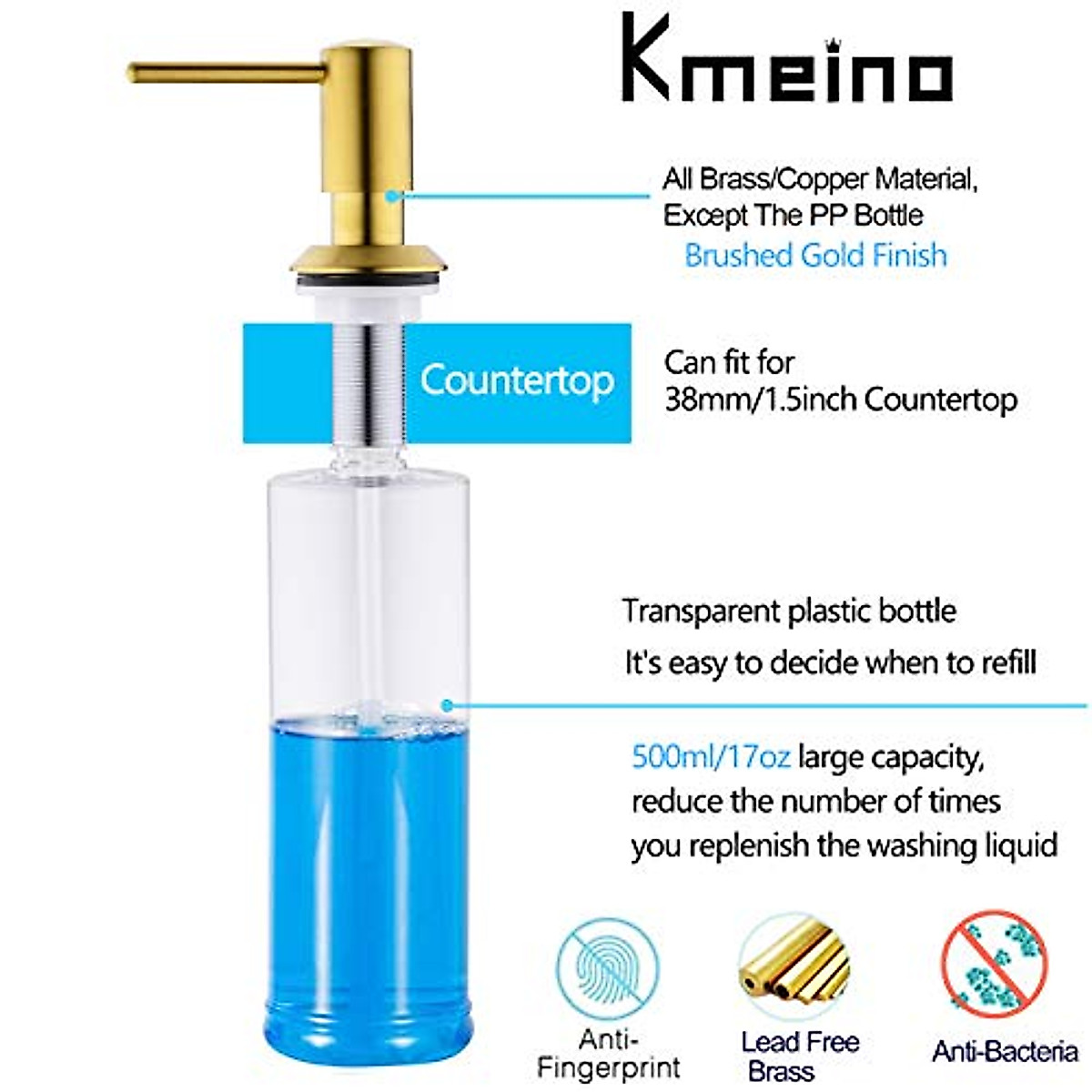KMEINO Gold Soap Dispenser, Built in Undermount Soap Dispenser Brass Commercial, Brushed Gold Metal Pump Head Liquid Lotion Kitchen Countertop Soap Dispenser with 500ml PP Bottle