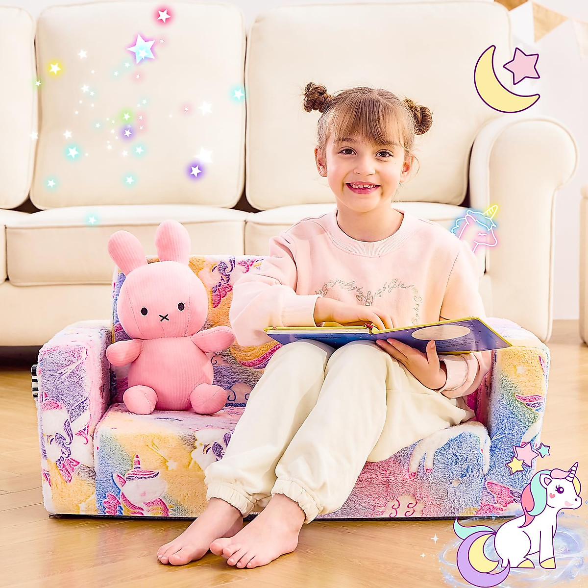 IFNOW Toddler Couch, Toddler Chair Folding, Kids Couch 2 in 1, Kids Sofa for Playroom-Extra Soft 2 Seats, Glow in The Dark Open Couch, Gifts for Kids, Sleeper for Girls Boys, Unicorn