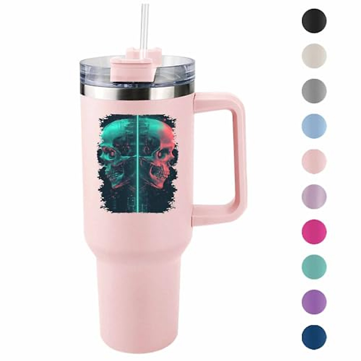 LB LEOBON 40 ounce insulated cup with handle, double-layer vacuum stainless steel material, equipped with straw, can keep warm or maintain cold drinks Neone Poppe Skeletons 2 Light pink